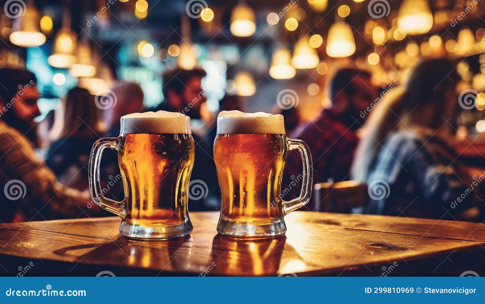 Two Mugs Full of Fresh Beer on Bar Table in Dark Interior, Generative ...