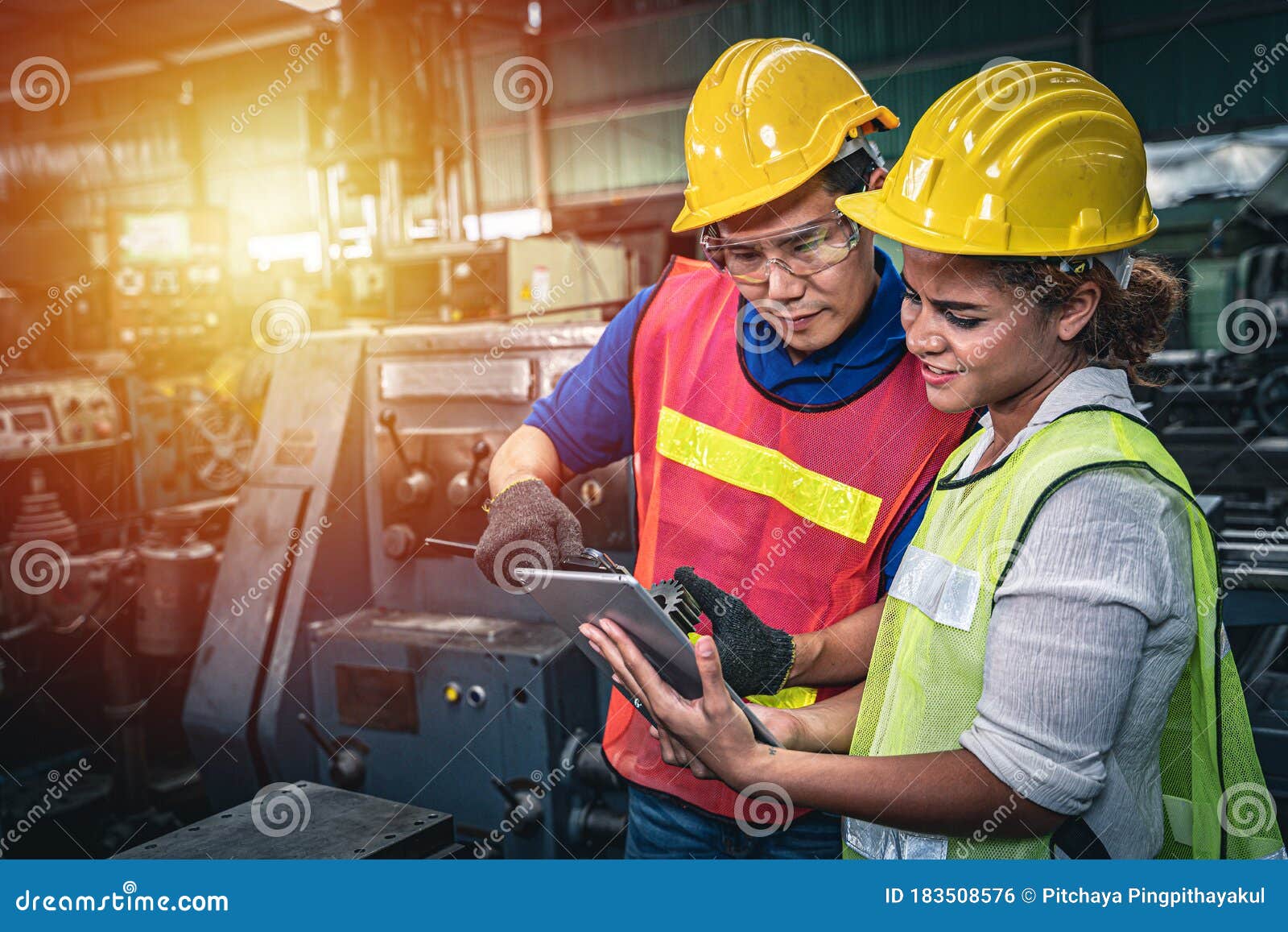 Workers Work With Cement Mortar, Loading The Hopper Bucket With Mortar ...