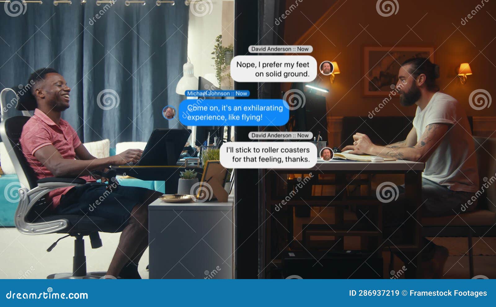 Friends Chatting Online in Messenger App on PC. 3D VFX Animation of ...