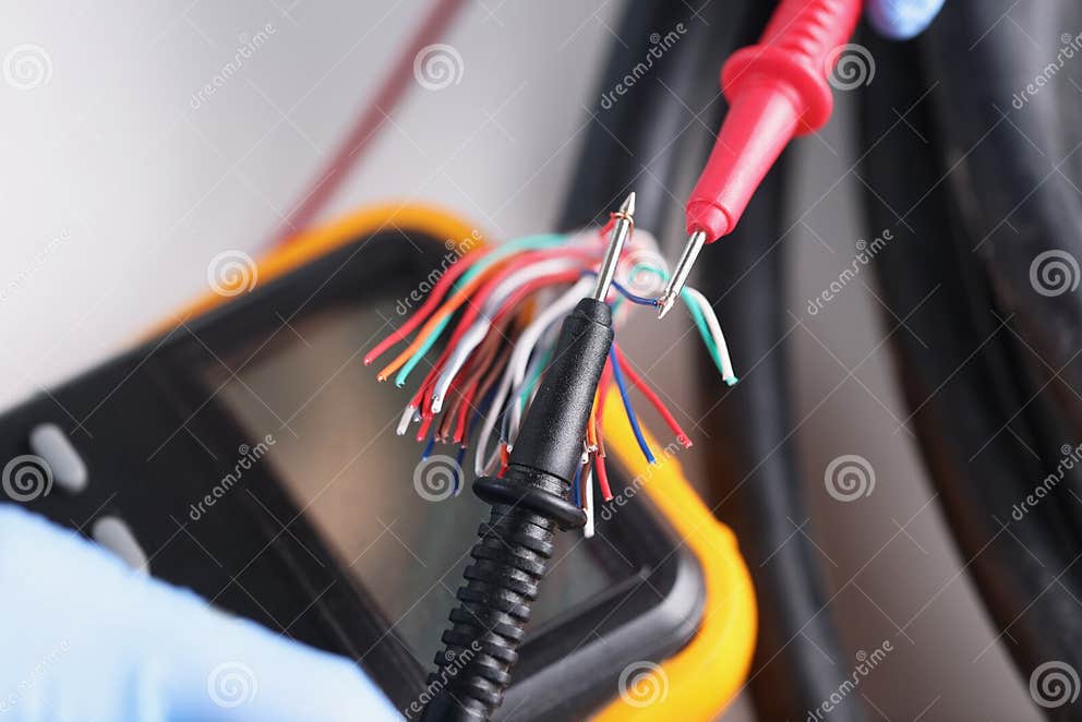 Two Multimeter Probes Checking Quality of Network Wiring Closeup Stock ...