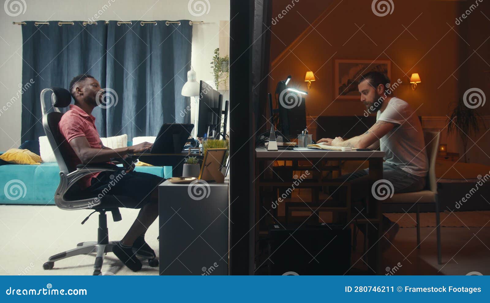 Two Multiracial Men Sit in Front of Computers in Bedrooms Stock Video ...