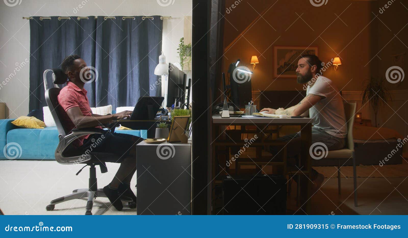 Two Multiracial Men Sit in Front of Computers in Bedrooms Stock Image ...