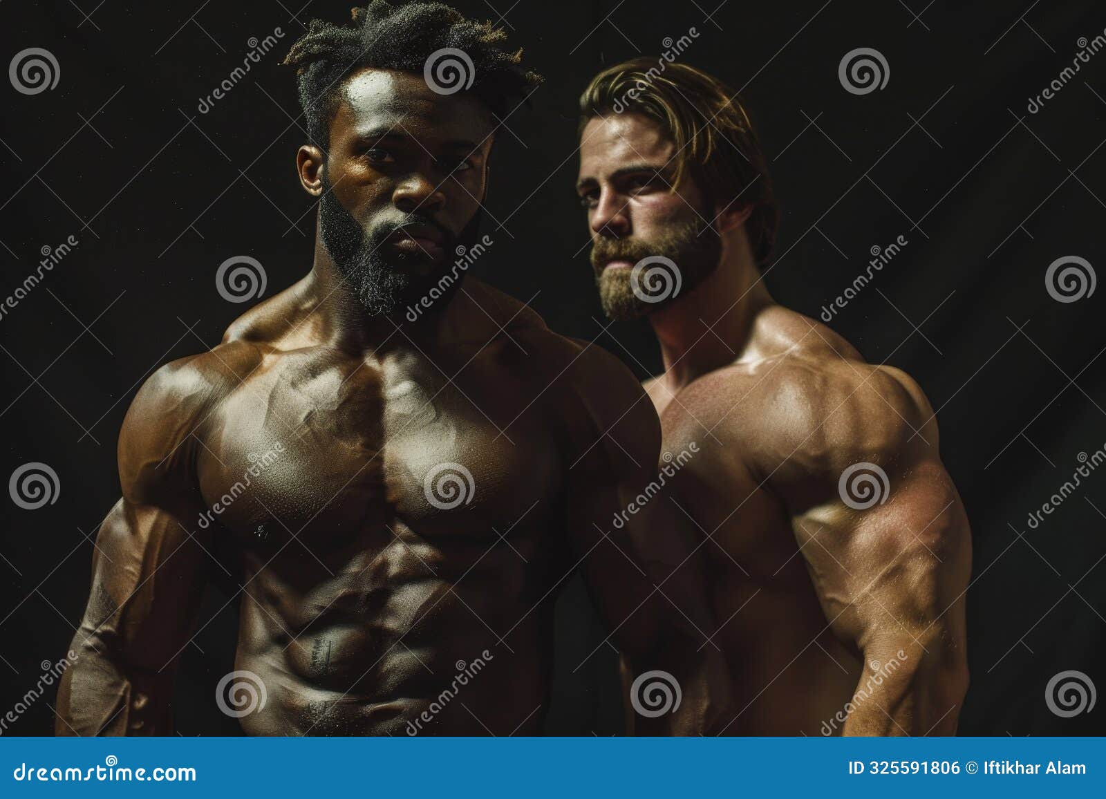 Two Muscular Men with Defined Physiques Pose Against a Black Background ...