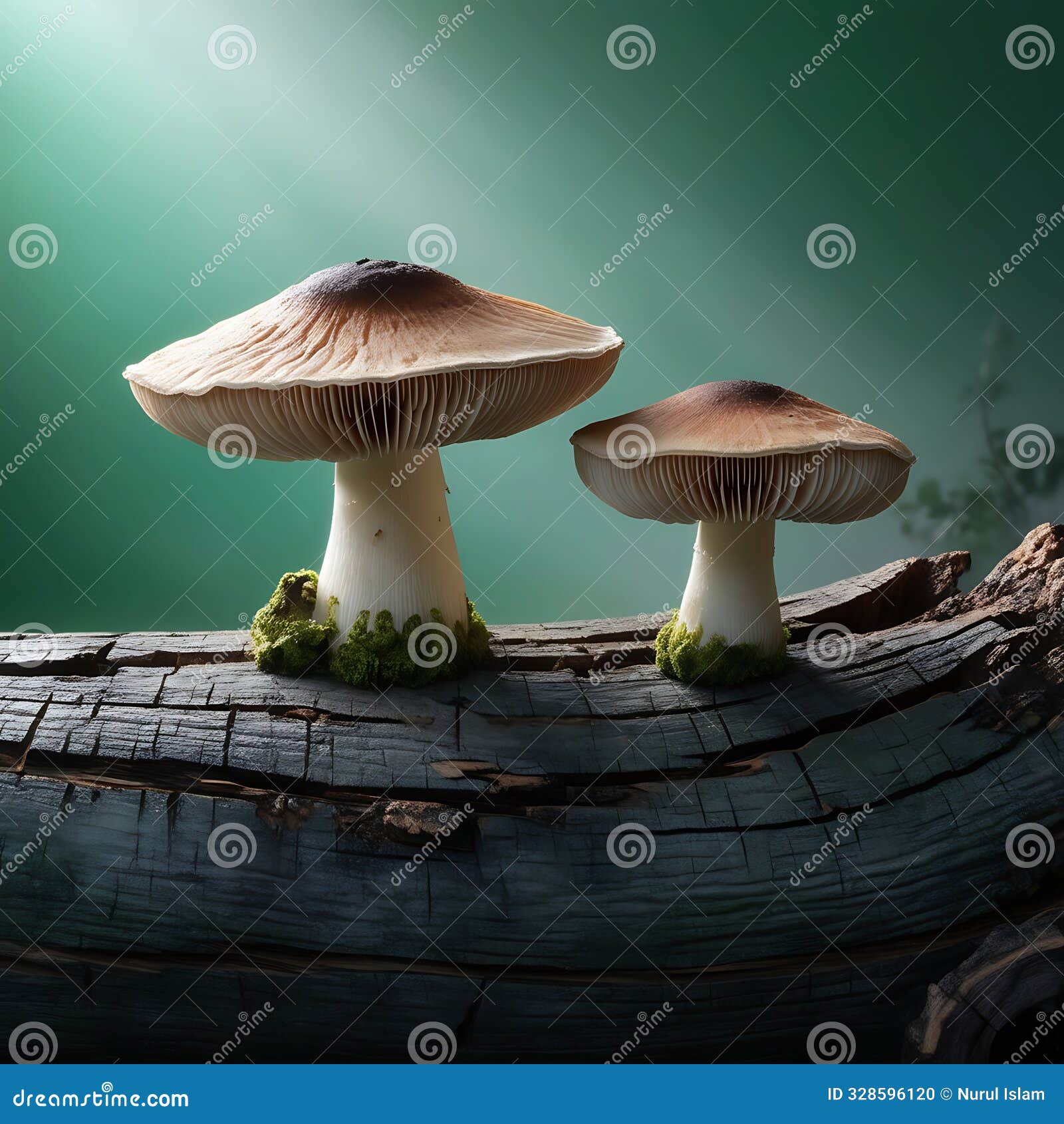 Two Mushrooms On A Log With A Green Background Stock Photo ...