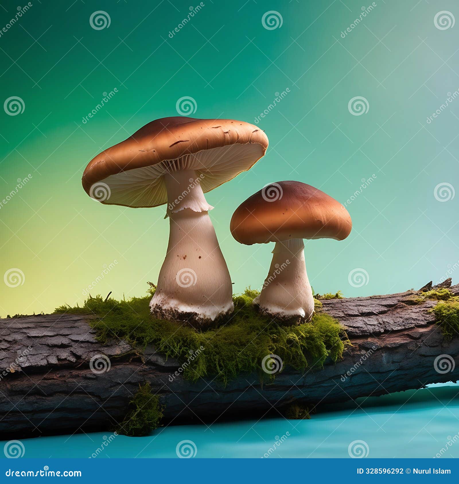 Two Mushrooms On A Log With A Green Background Royalty-Free Stock Image ...