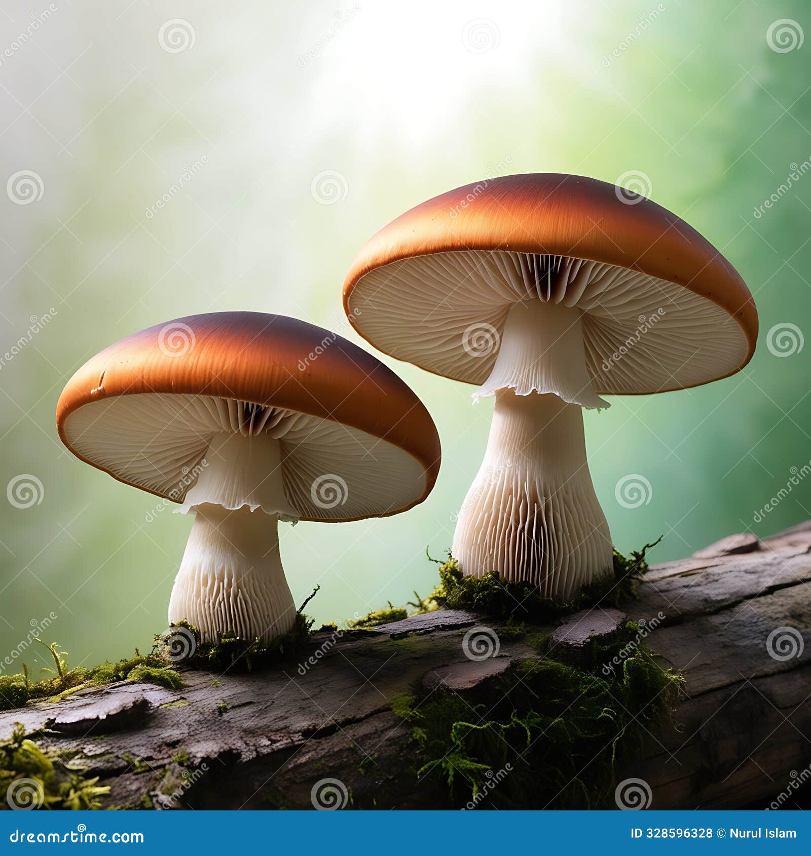 Two Mushrooms On A Log With A Green Background Royalty-Free Stock Image ...