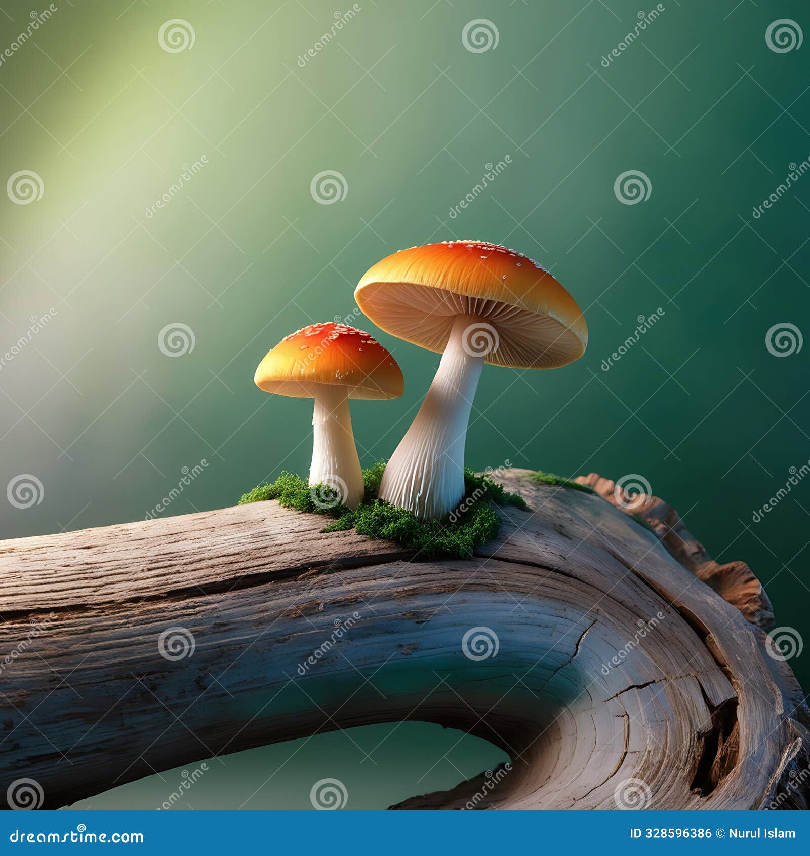 Two Mushrooms On A Log With A Green Background Stock Photography ...