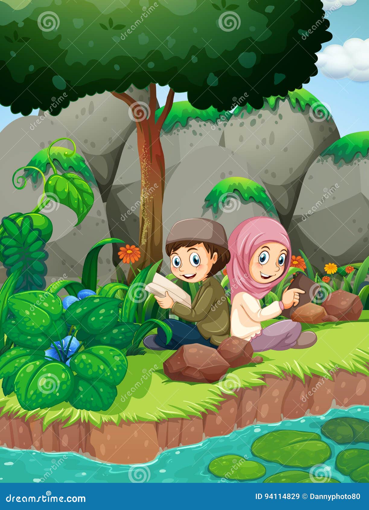 Muslim Kids. Islamic Children Cartoon Characters. School Boy And Girl ...