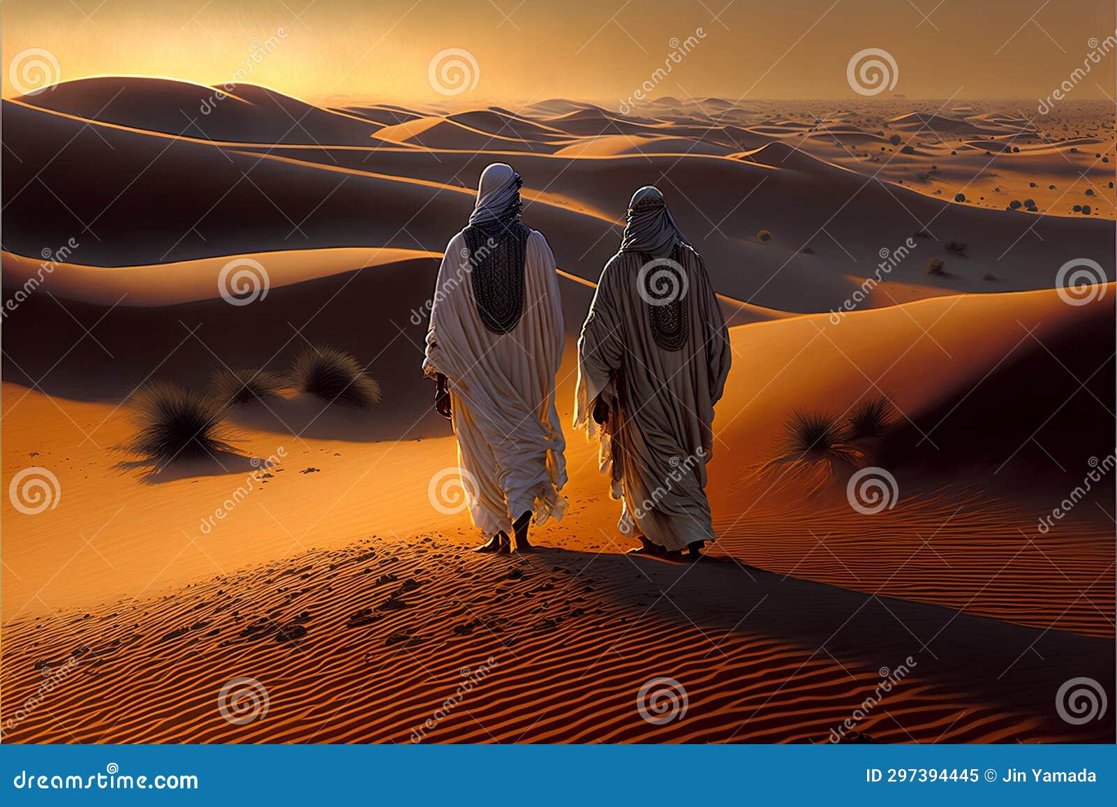 Two Muslims Walking in the Sahara Desert. 3d Rendering Stock ...