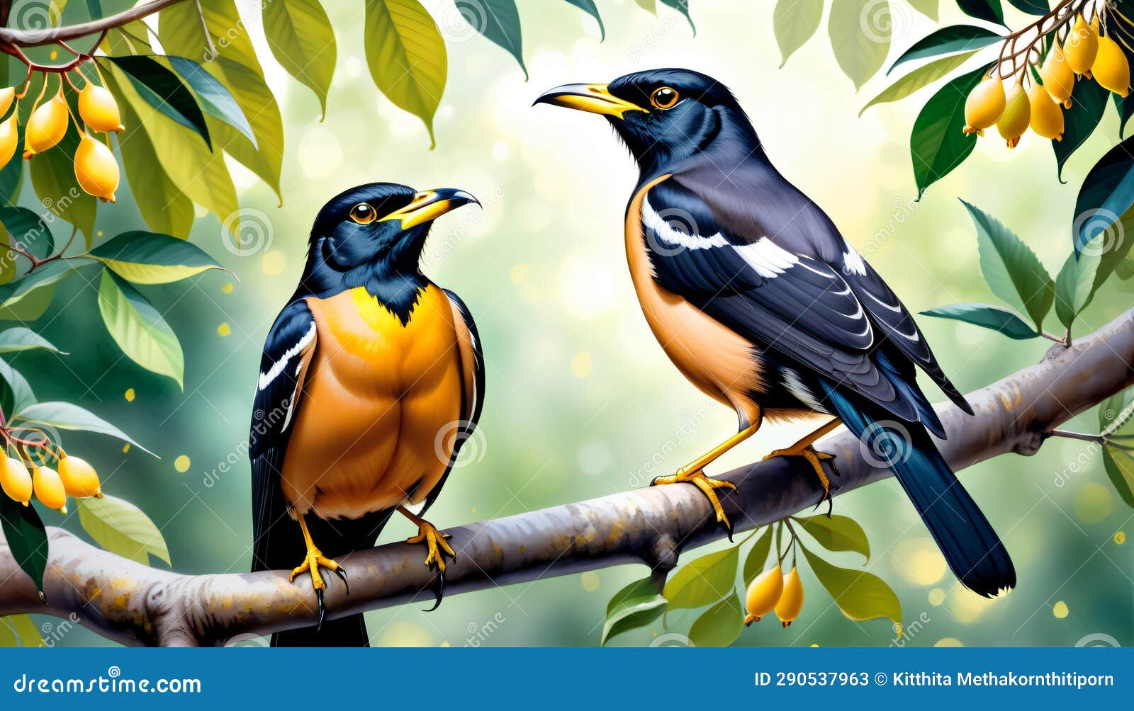 Two Mynas Bird Sits on a Branch with Forest Background Stock ...