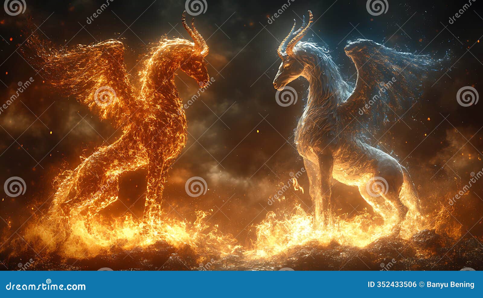 Two Mythical Creatures, One Fire, One Ice, Stand Facing Each Other with ...
