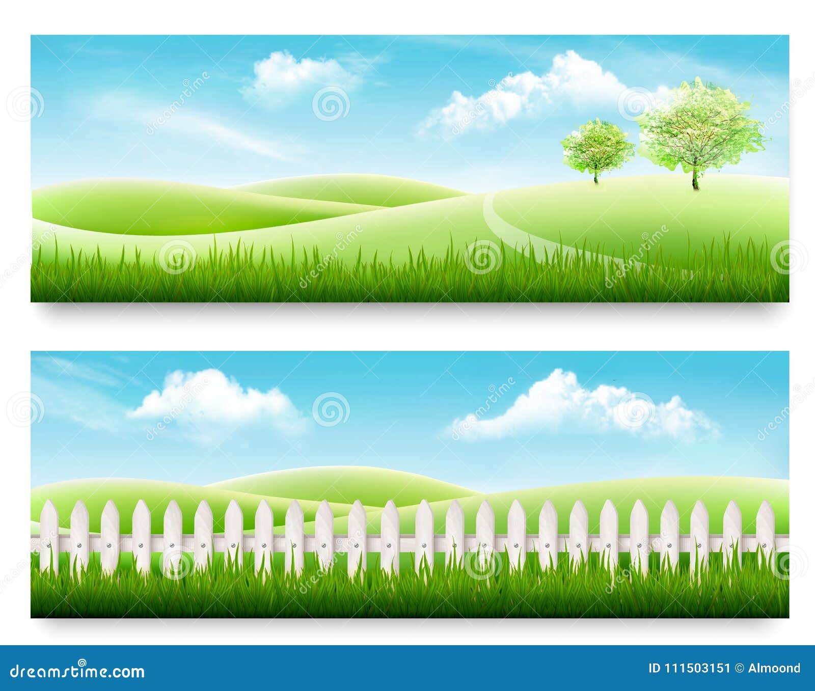 Two Nature Meadow Banners with Grass and Blue Sky. Stock Vector ...