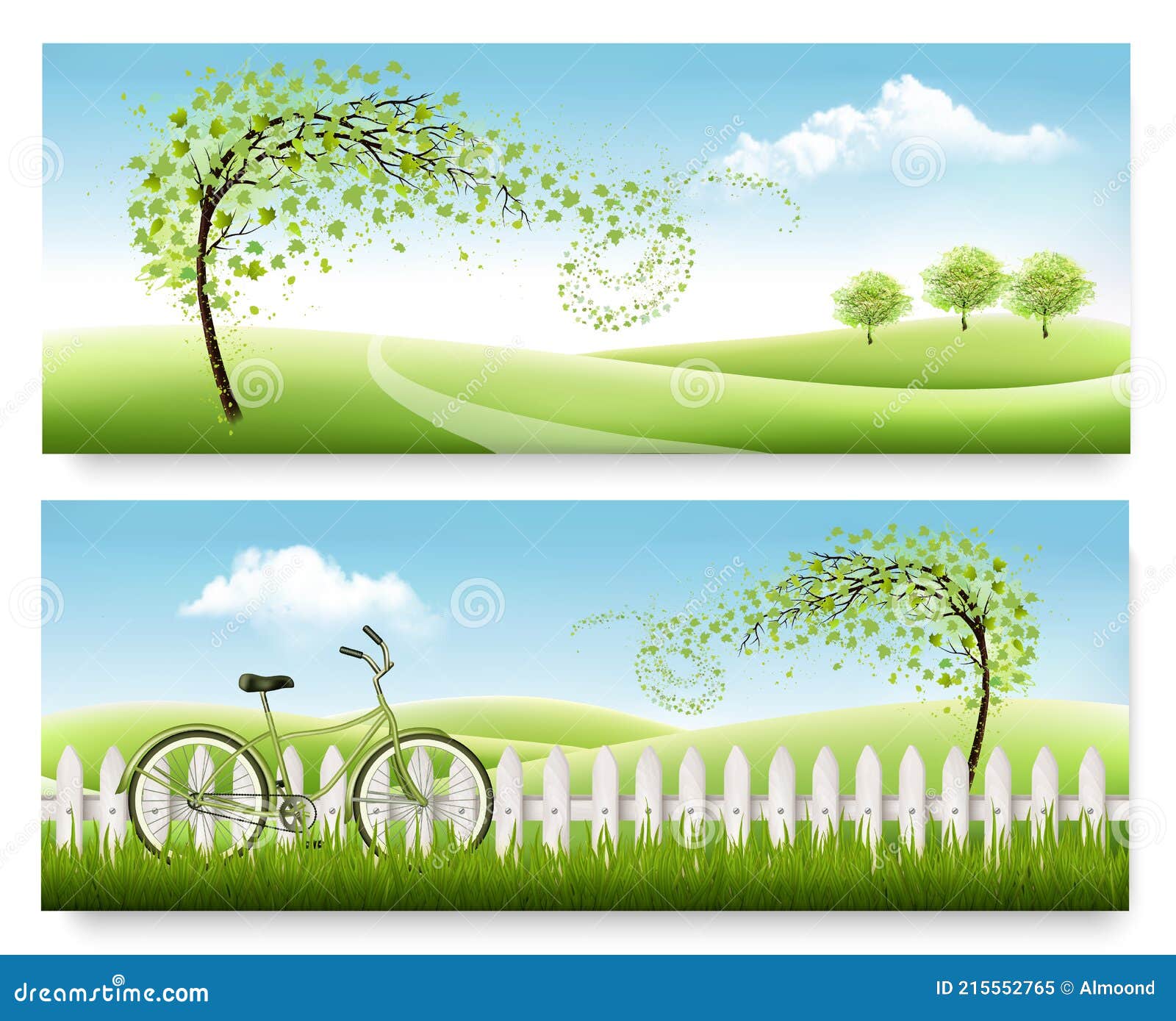 Two Nature Meadow Banners with Landscape and Tree with Green Leaves ...