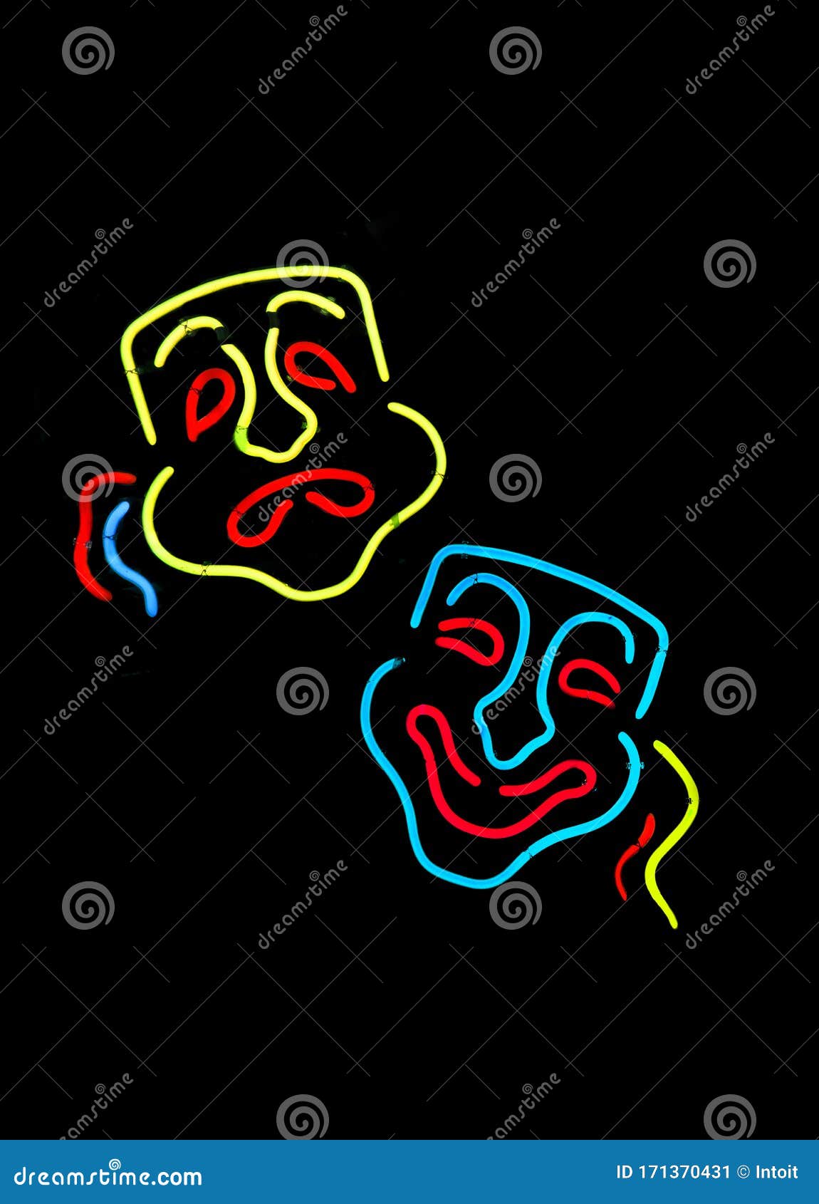 Two Neon Faces of Tragedy and Comedy Stock Image - Image of black ...