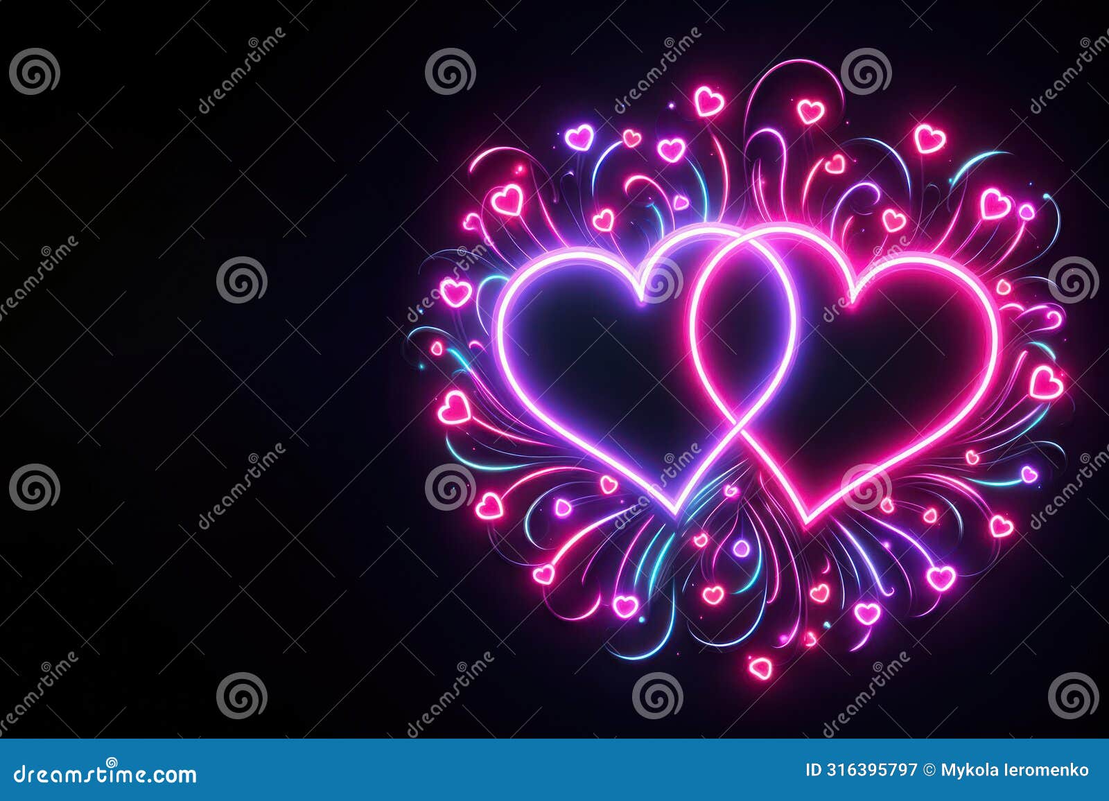 Two Neon Love Hearts. Space for Text. Stock Image - Image of frame ...
