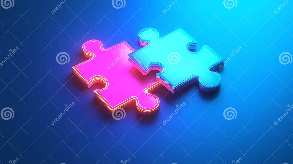 Two Neon Puzzle Pieces on Blue Gradient Surface Stock Image - Image of ...