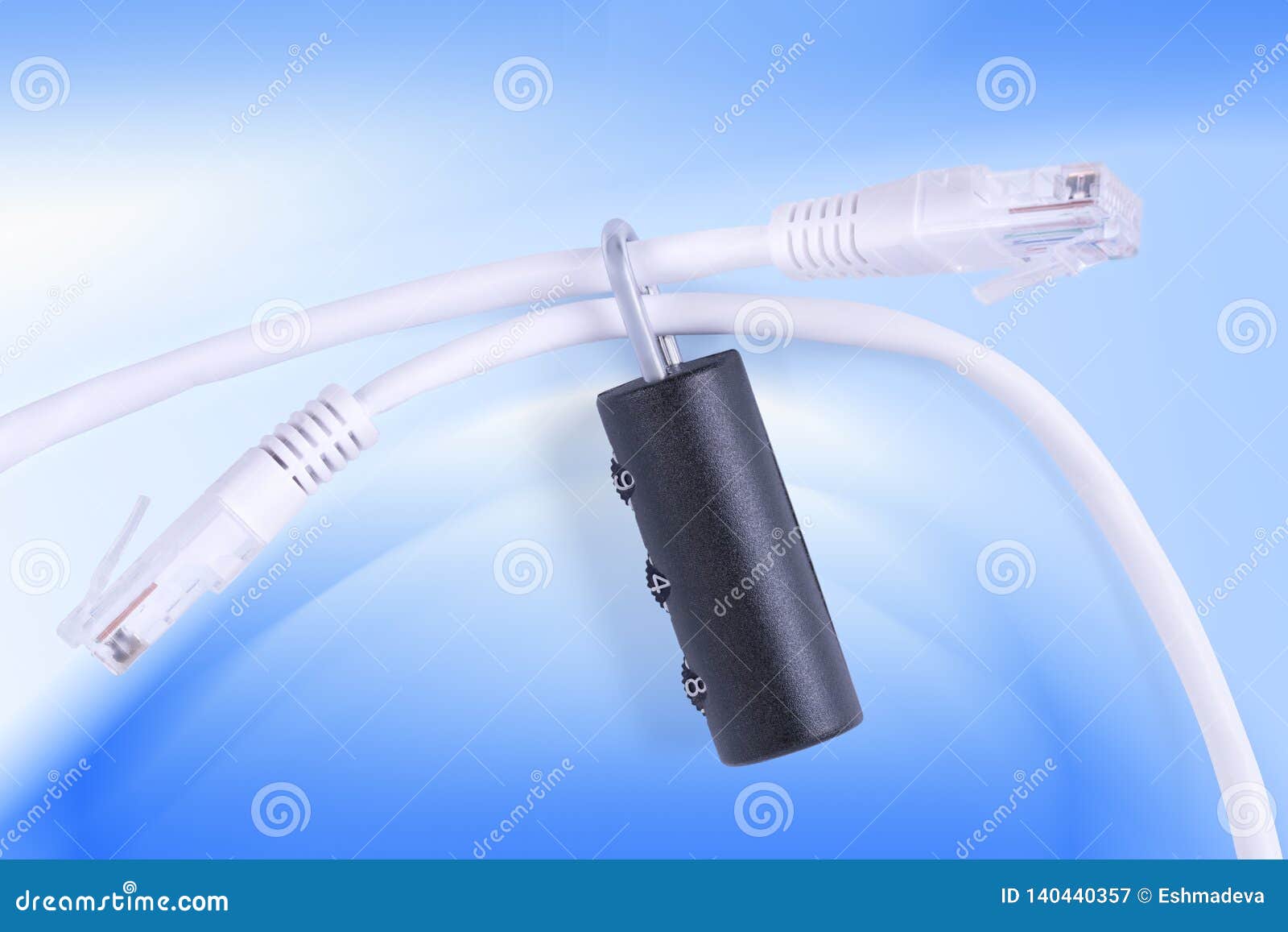 Two Network Cables Bind with Combination Lock on Blue Stock Image ...