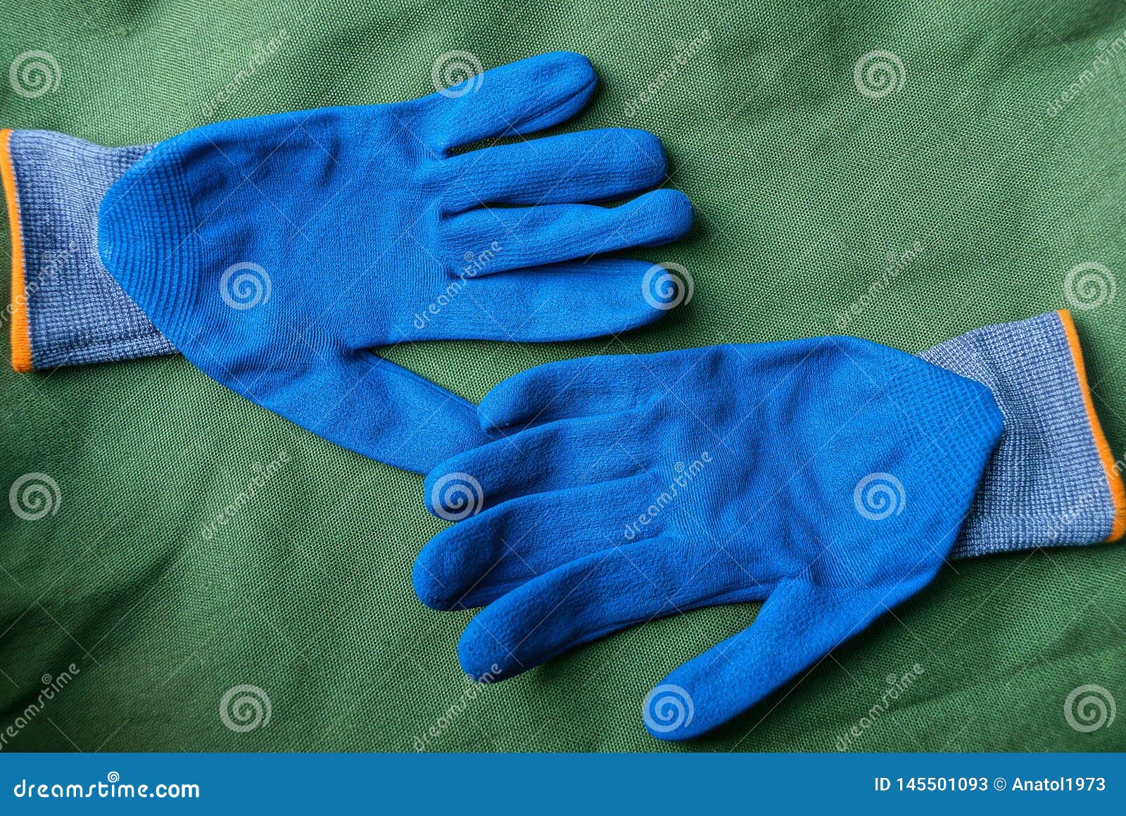 Two Blue Work Gloves Lay on Green Matter Stock Image - Image of green ...