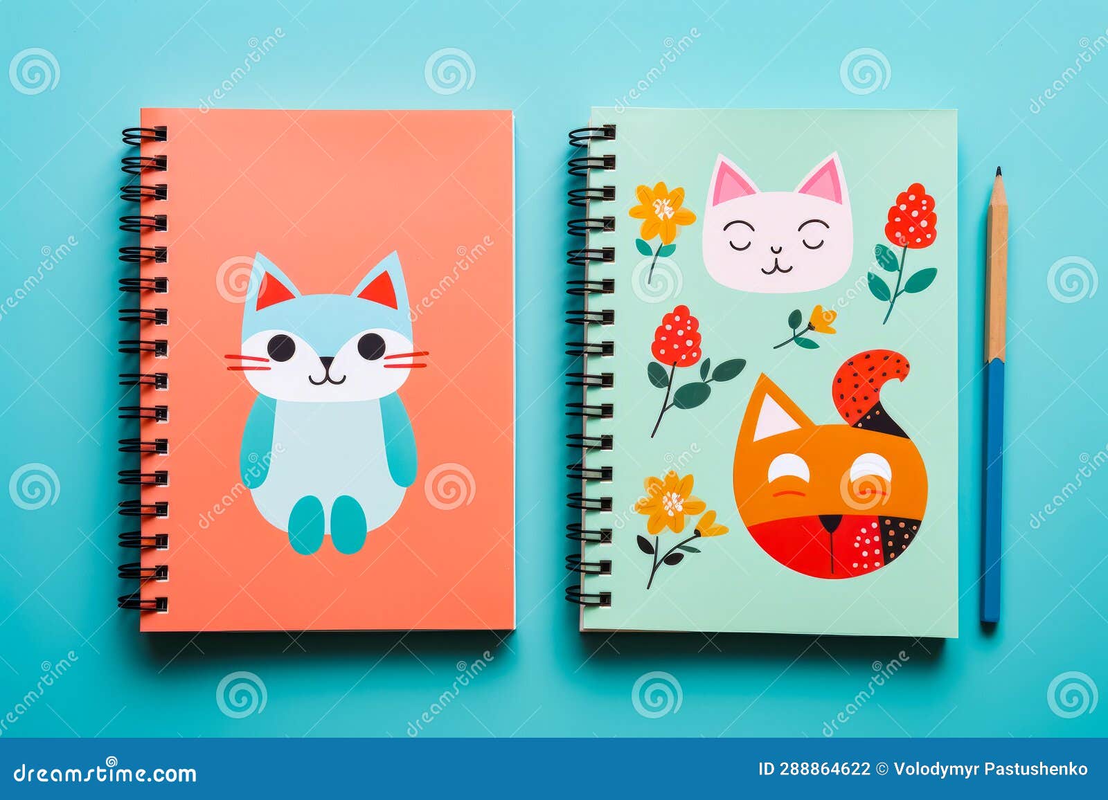 Two Notebooks with Cats and Flowers on Them on Blue Background ...