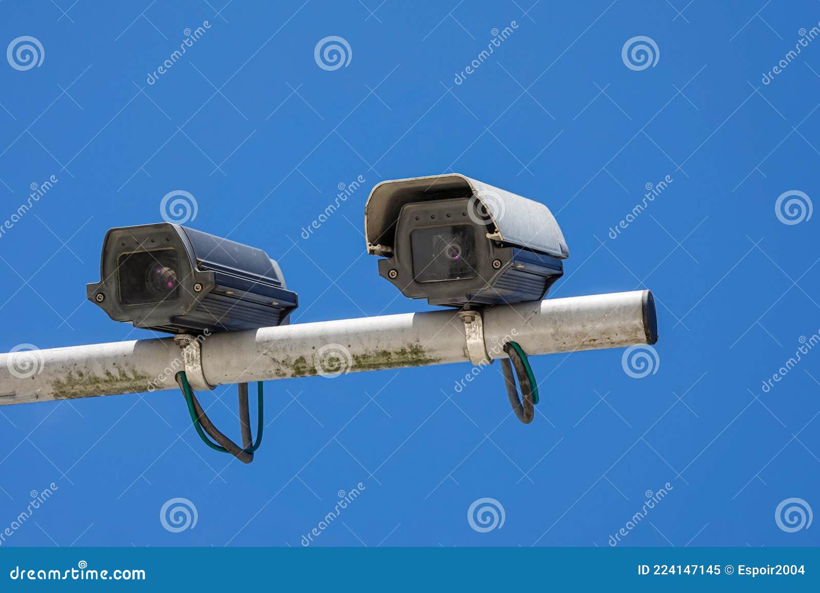 Two Observation Cameras are Watching from Above Against a Blue Sky ...