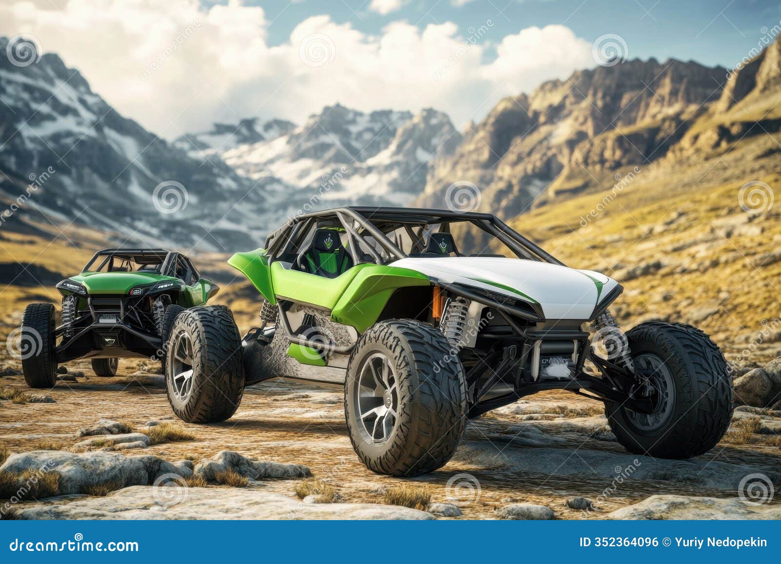 Off-road Adventure Featuring Green and White Dune Buggies in a Mountain ...