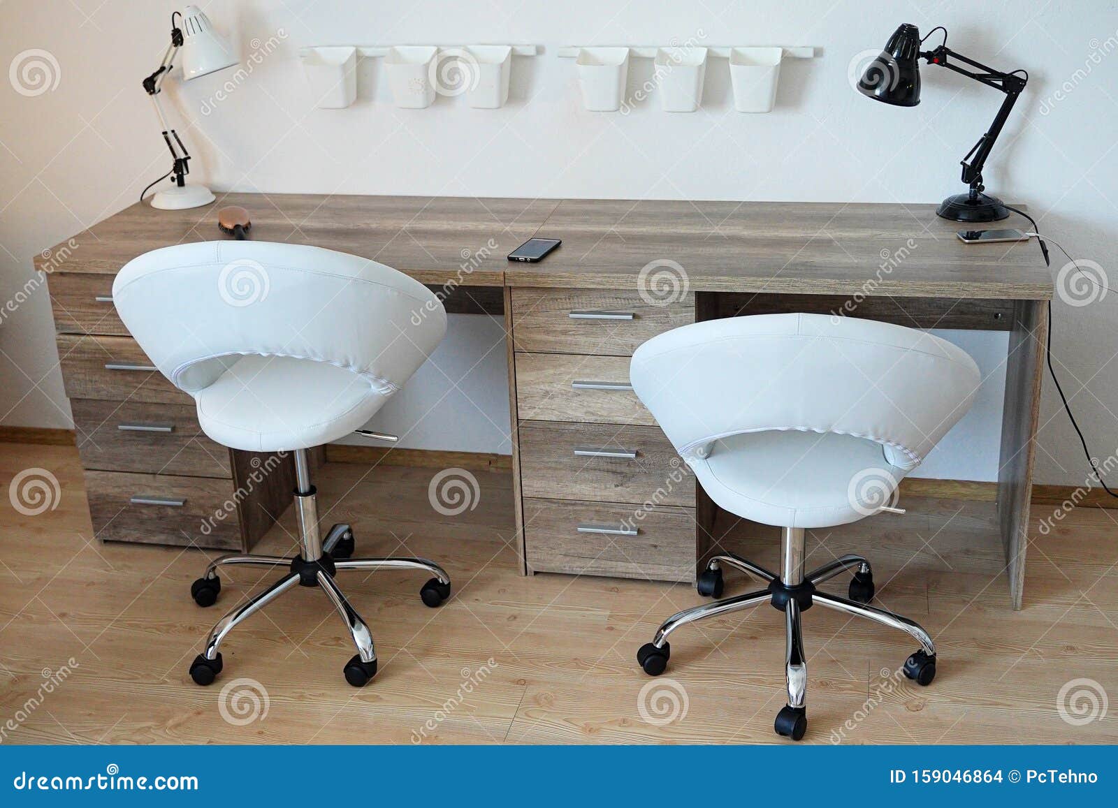 Two Office Desk with Chairs and Lamp. Stock Photo - Image of comfort ...