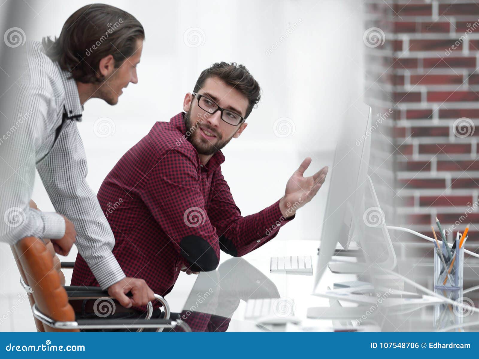 Two Office Employee Talking in the Office. Stock Photo - Image of ...