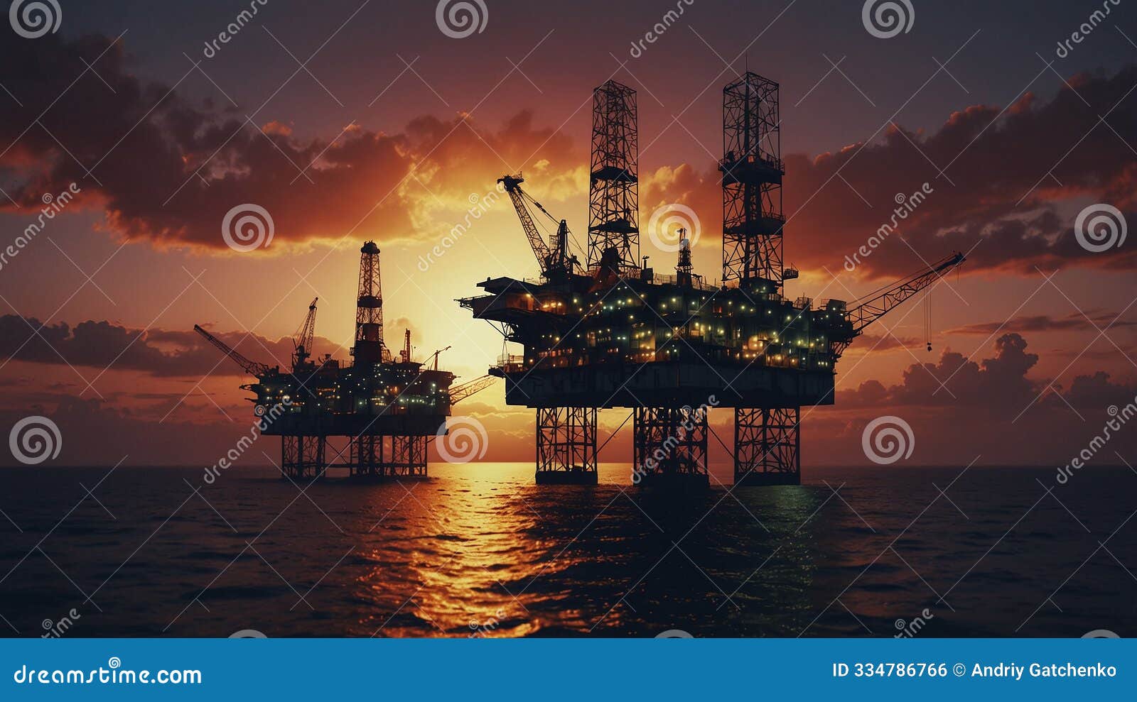 Two Offshore Oil Rigs at Sunset with Vibrant Sky and Ocean Reflection ...