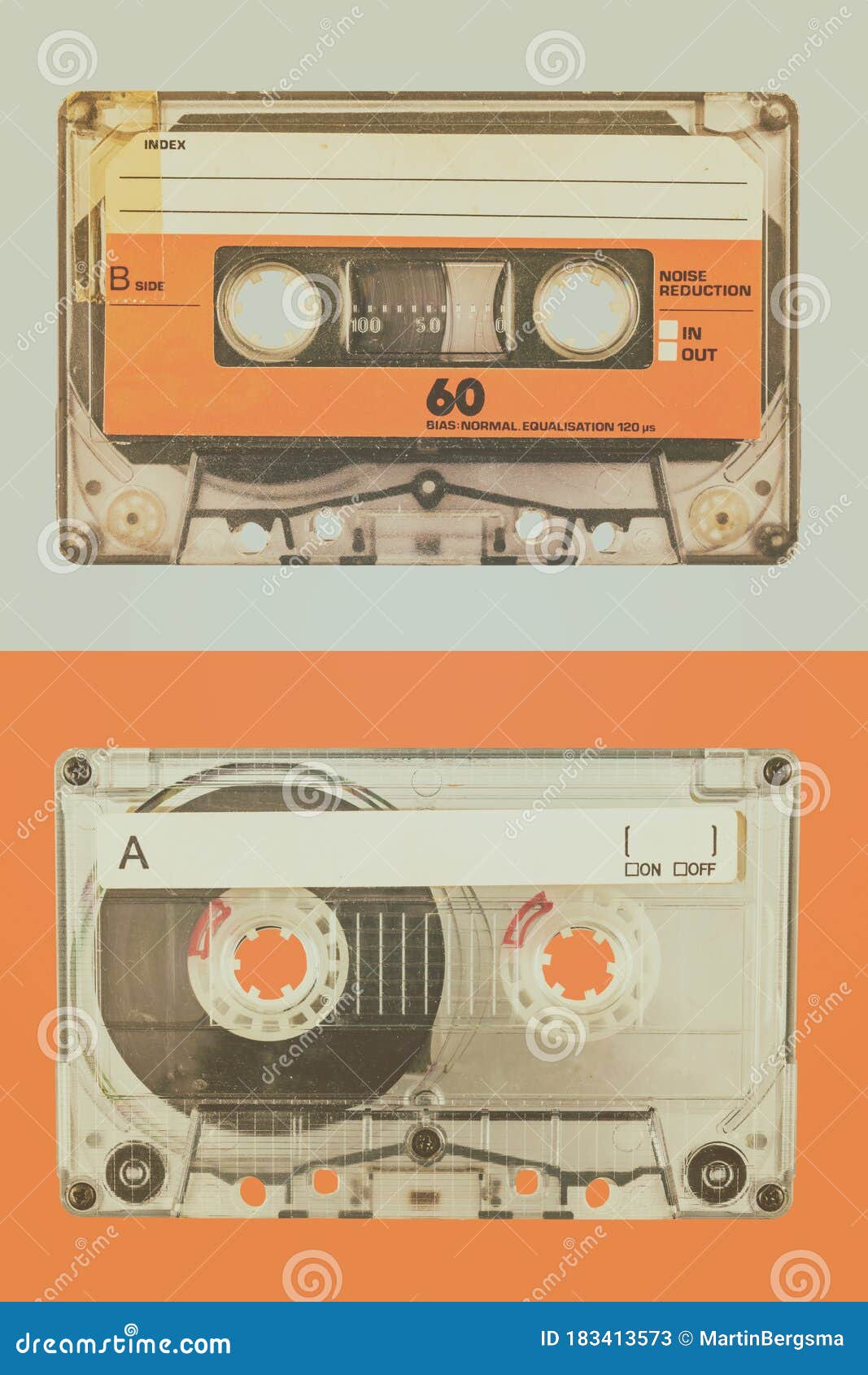 Two Old Audio Compact Cassettes on a Blue with Orange Background Stock ...