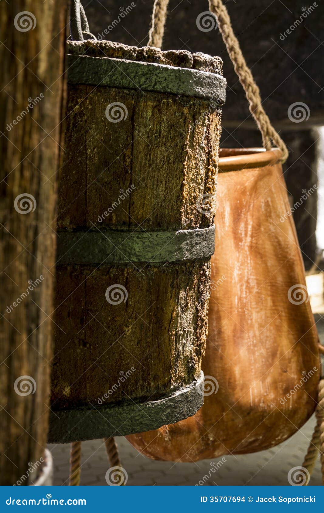 Two old buckets. stock photo. Image of wieliczka, museum - 35707694