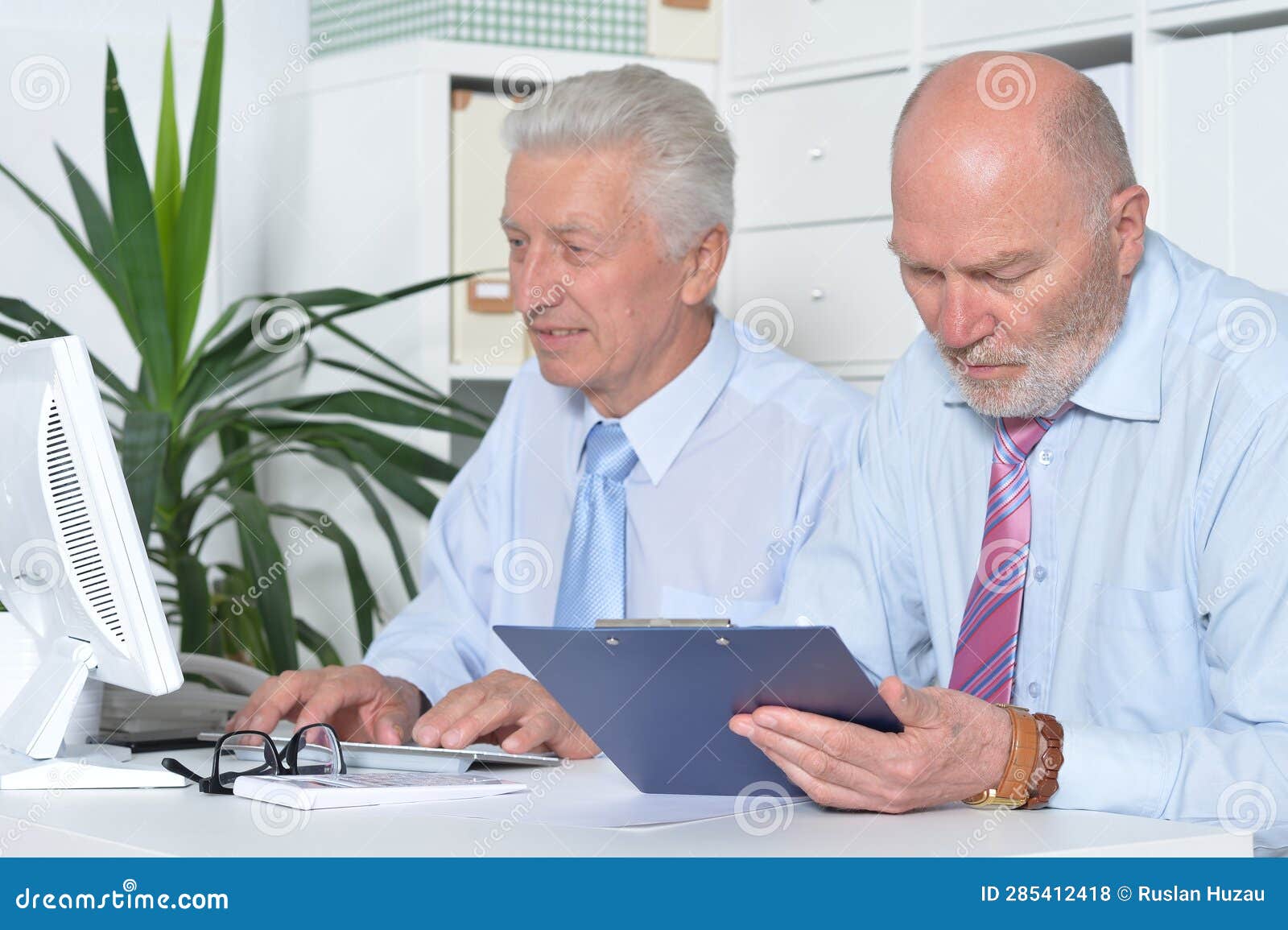 Two Old Business Men Sitting at Desk and Working Stock Photo - Image of ...