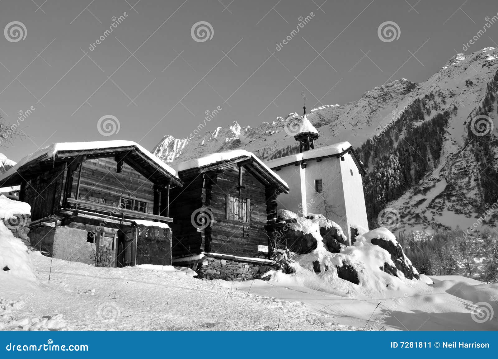 Two Old Chalets and a Chapel in the Snow Stock Image - Image of ...