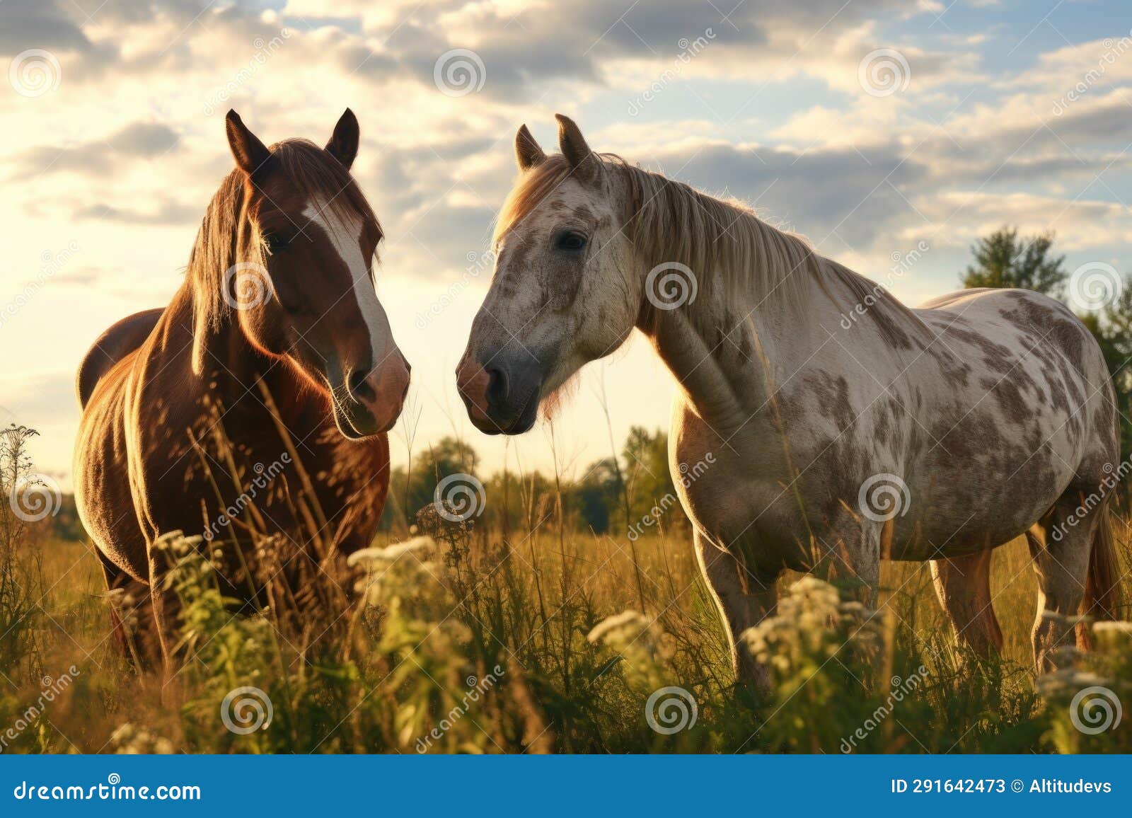 Two Old Horses Grazing Together in a Sunlit Meadow Stock Image - Image ...