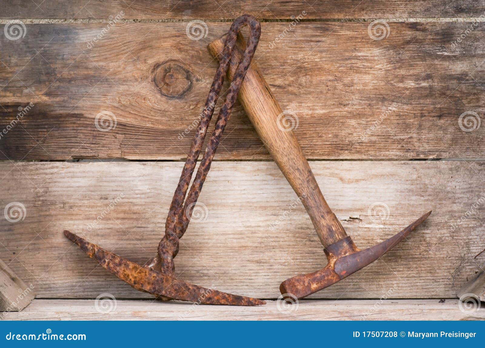 Two Old Iron Rusted Mining Picks on Wood Shelf Stock Photo - Image of ...
