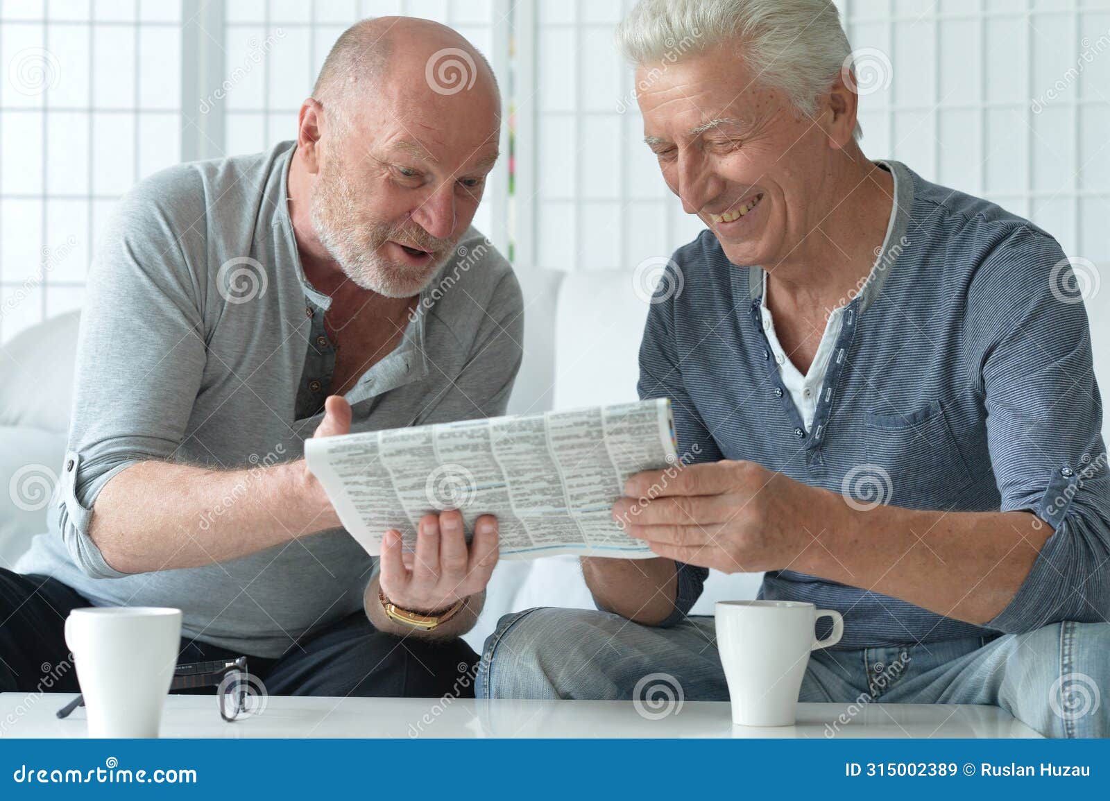 Two Old Men Sitting at Table and Discussing News Stock Image - Image of ...