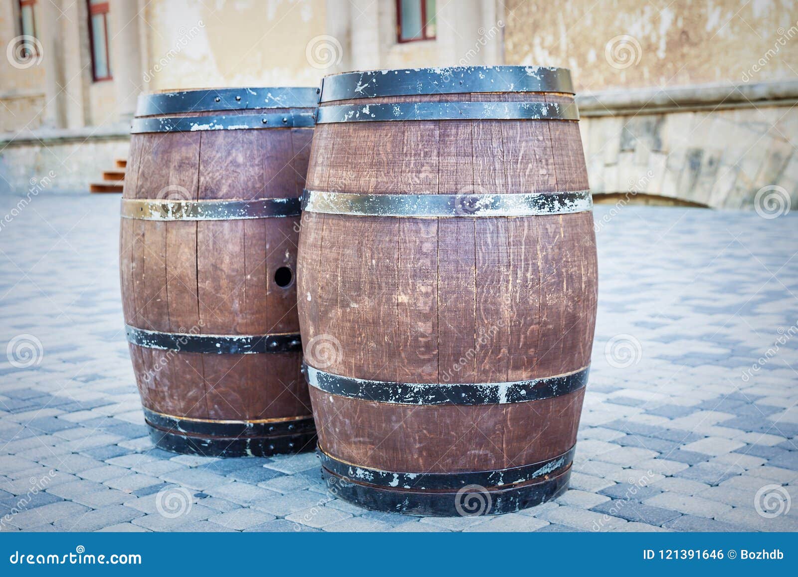 Two old oak barrels brown stock photo. Image of vino - 121391646