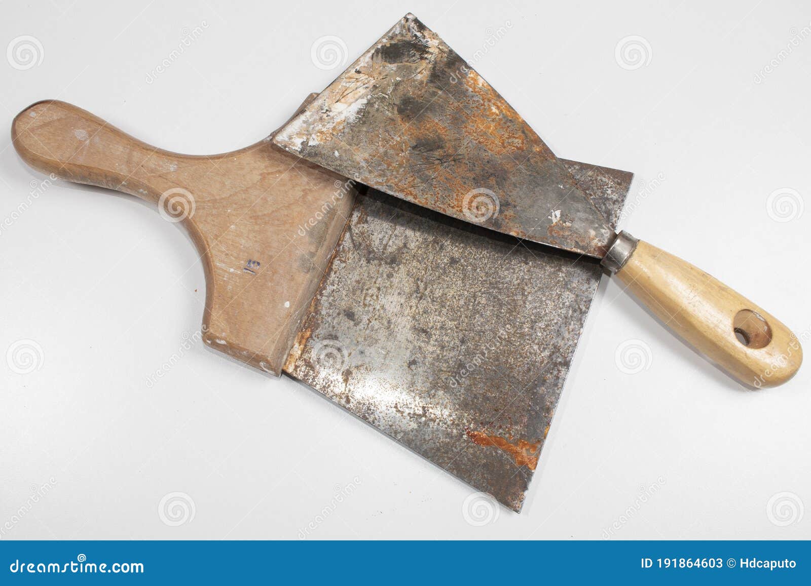 Two Old Painter`s Spatula and Use Marks with Wooden Handle on White ...