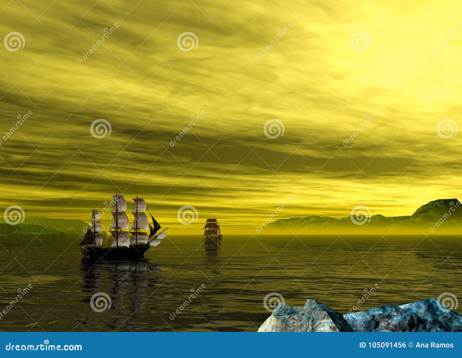 Two Old Pirate Ship in a Yellow Sunset Scenery. 3d Rendering Stock ...