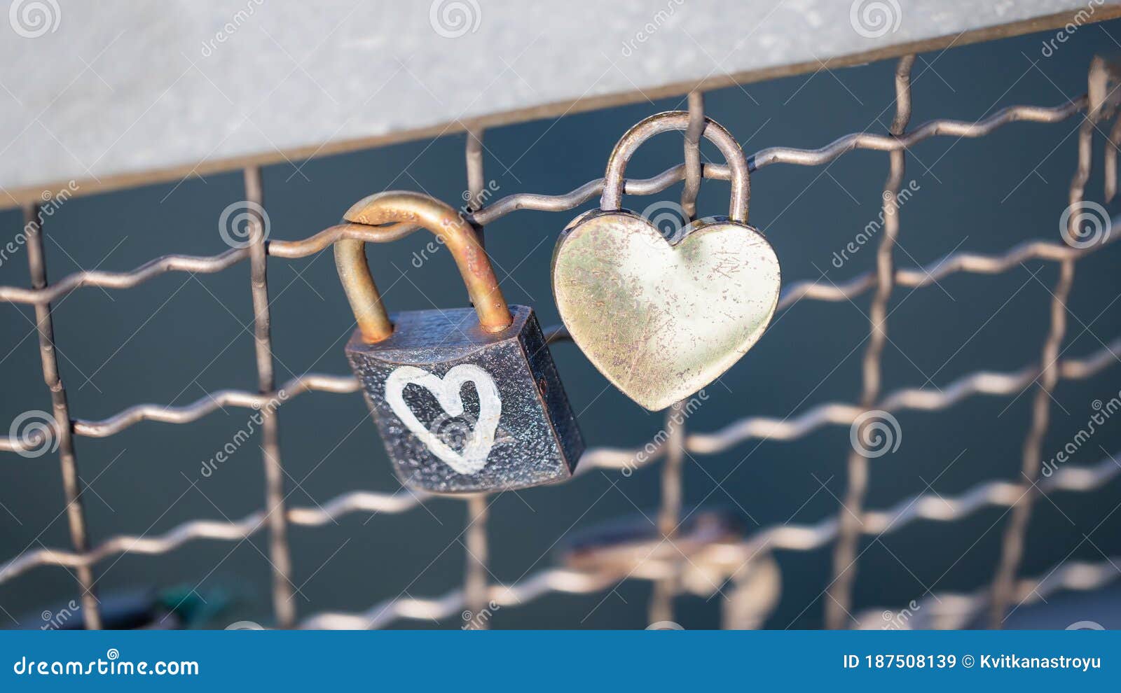 Two Old Rusty Padlocks with Heart on the Bridge, 16:9 Panoramic Format ...
