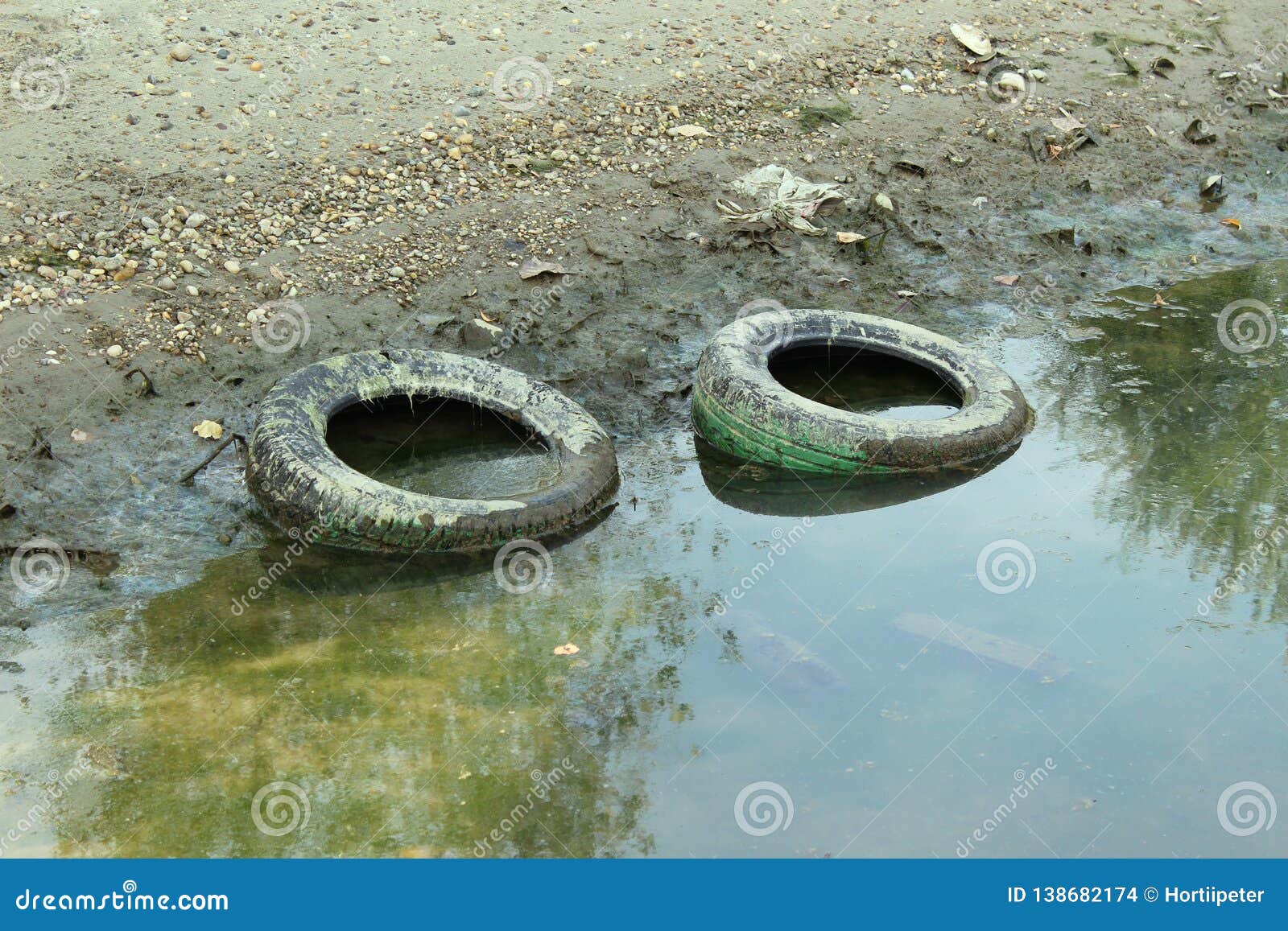 Two Old Tires Thrown in the River Stock Photo - Image of auto ...