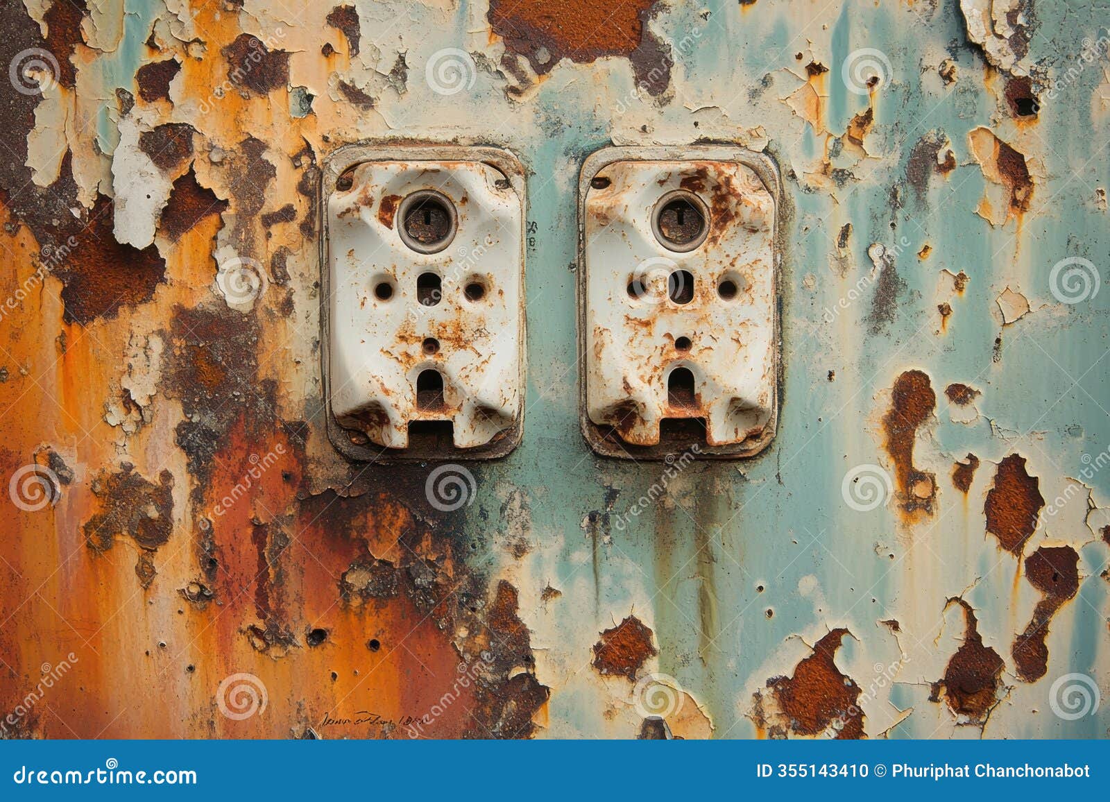 Two Old White Electrical Outlets with Rusted Metal Plates with ...