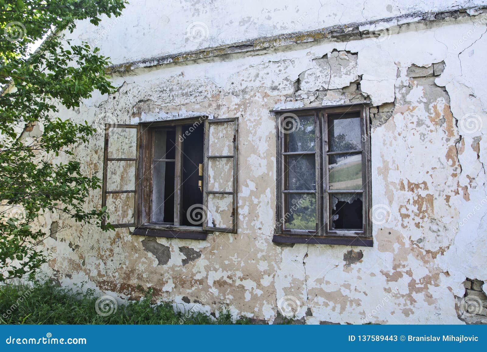 Windows of Old Abandoned House Stock Image - Image of danger, green ...