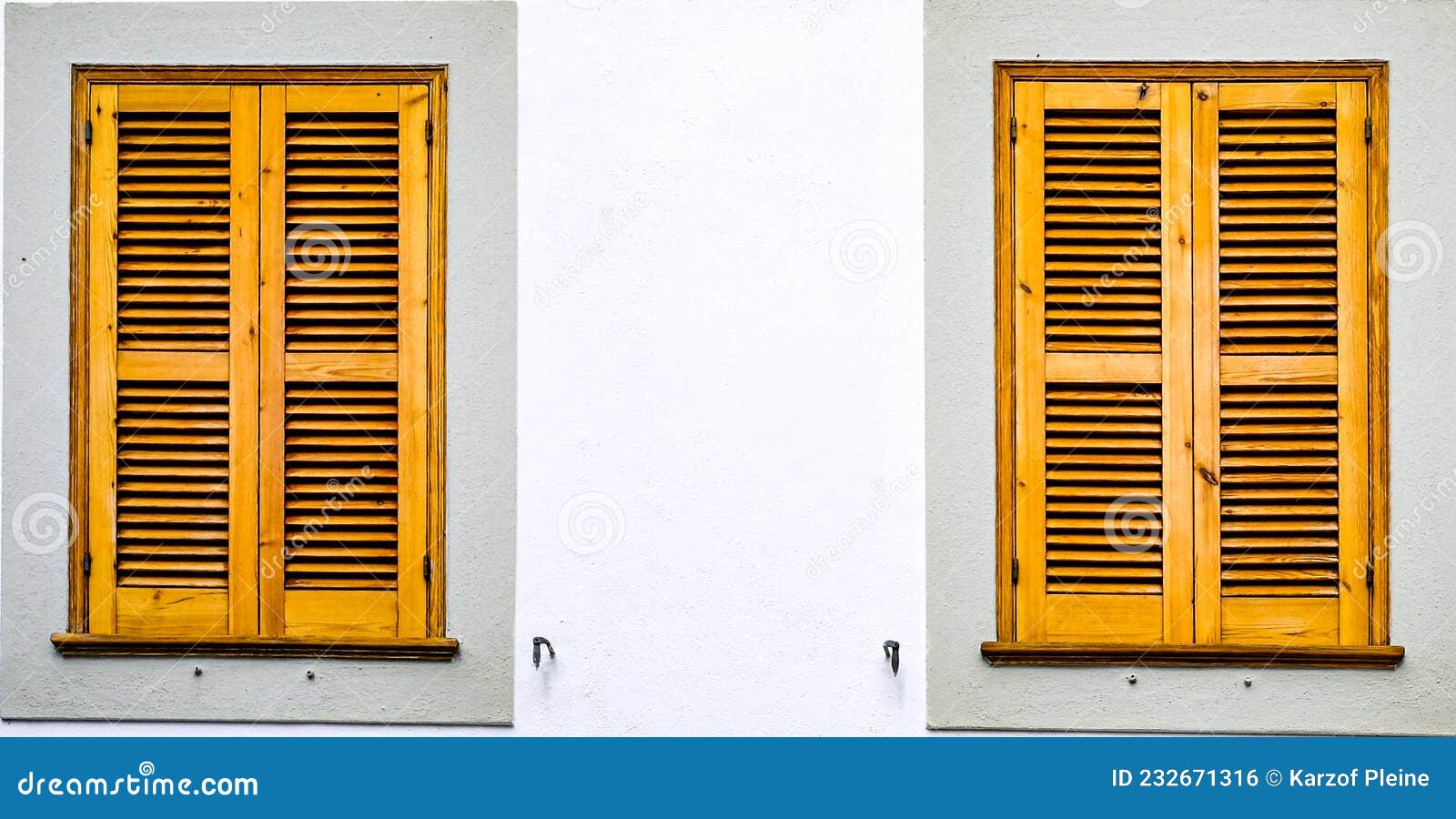 Two Old Wood Color Windows on White and Gray Wall. Geometry and ...