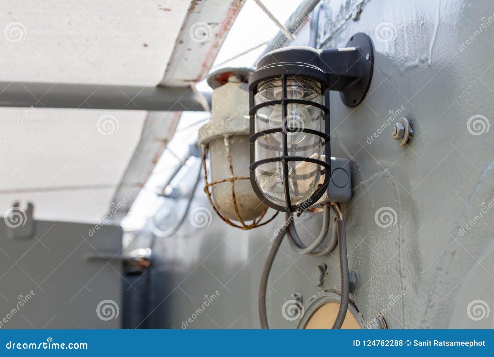 Two Old Yellow Deck Lamp Bulkhead Light. Stock Photo - Image of boat ...