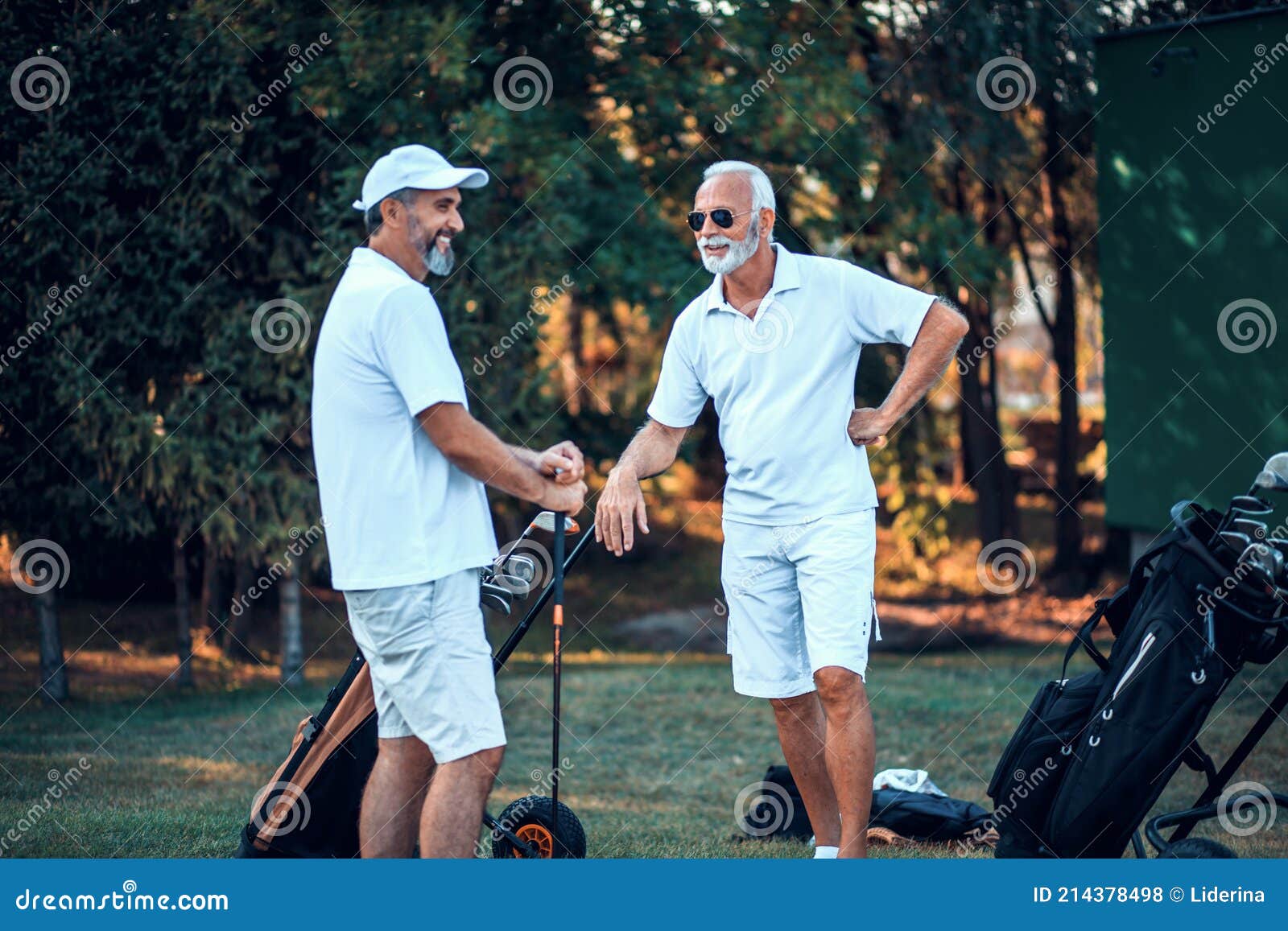 Older Men Stand on a Golf Course and Talking Stock Photo - Image of ...