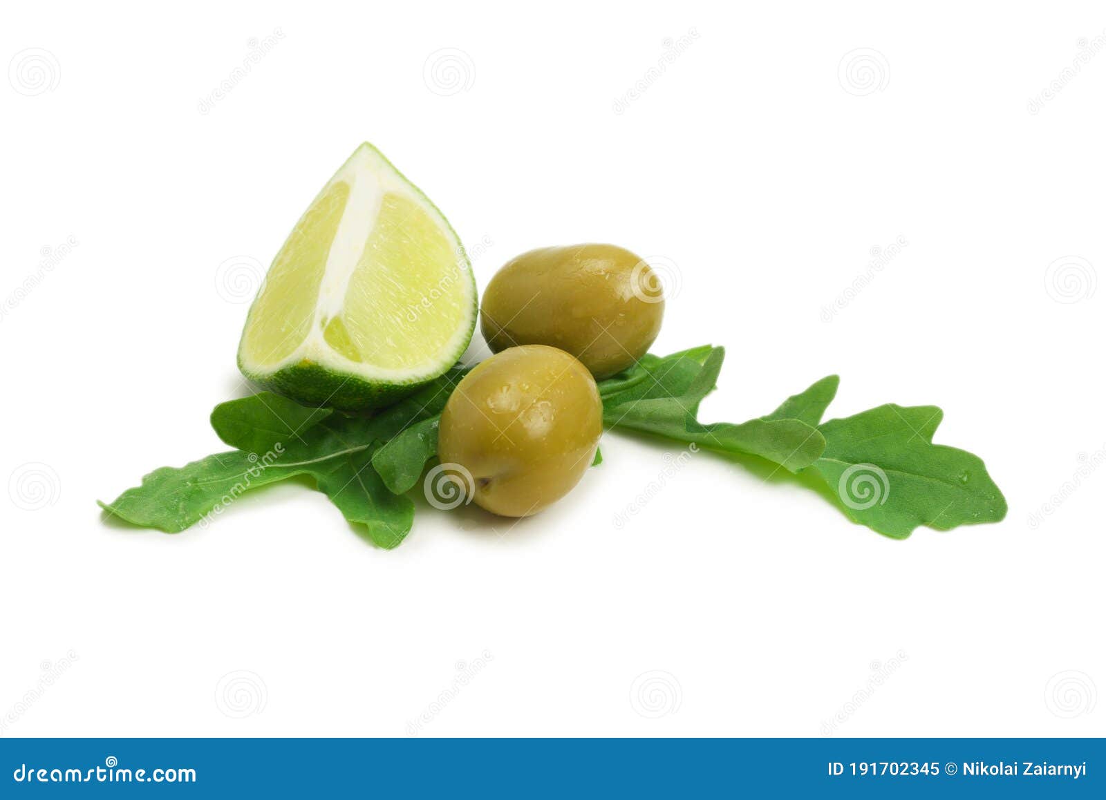 Two Olives, Piece of Lemon and Leaves of Arugula Isolated on White ...