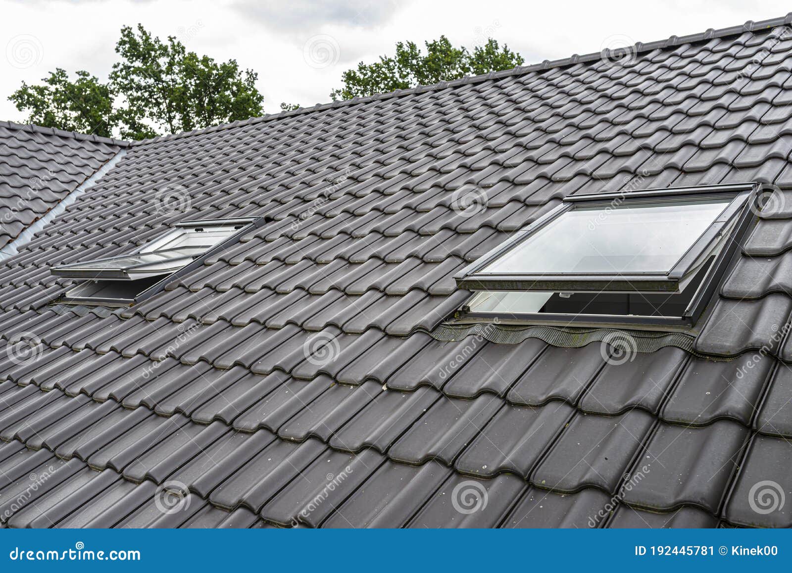 Two Open Roof Windows in the Attic, Visible Anthracite Ceramic Tiles ...