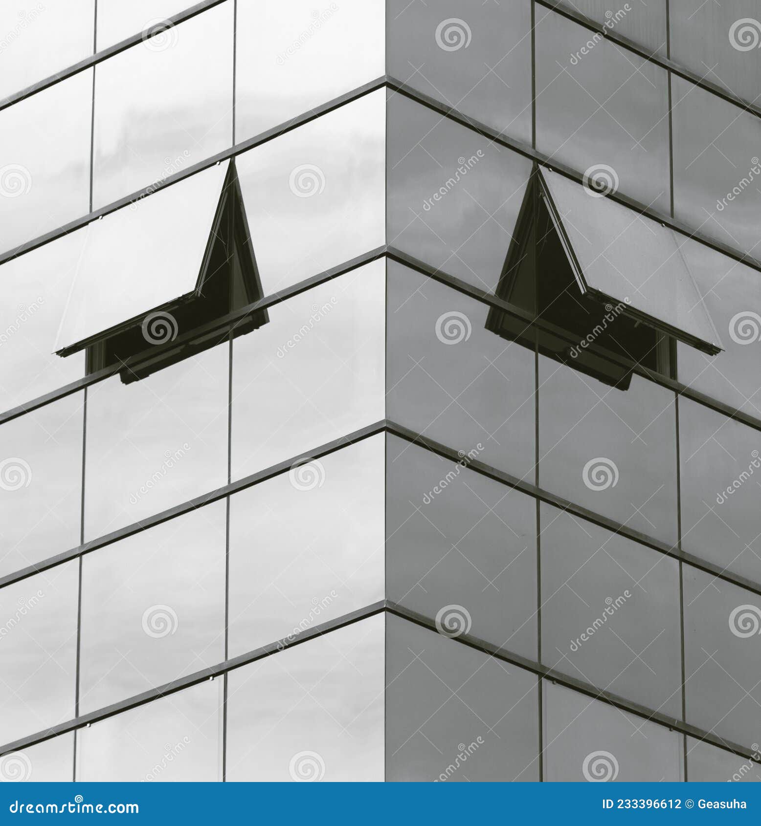 Glass Building Facade with Two Open Windows Stock Photo - Image of ...