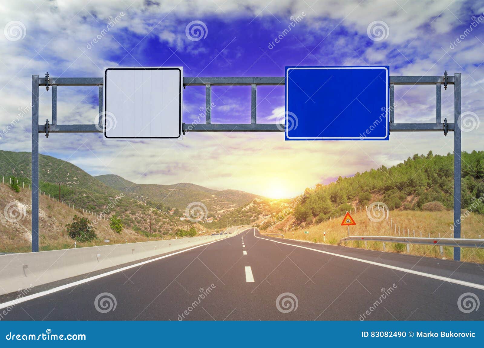 Two Options with Blank Road Signs on Highway Stock Photo - Image of ...