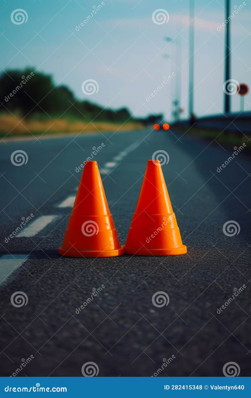 Two Orange Cones Sitting on the Side of Road Next To Road. Generative ...
